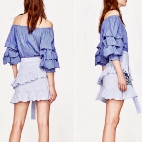 Zara | Skirts | Zara Seersucker Ruffle Mini Skirt W Embroidery | Poshmark